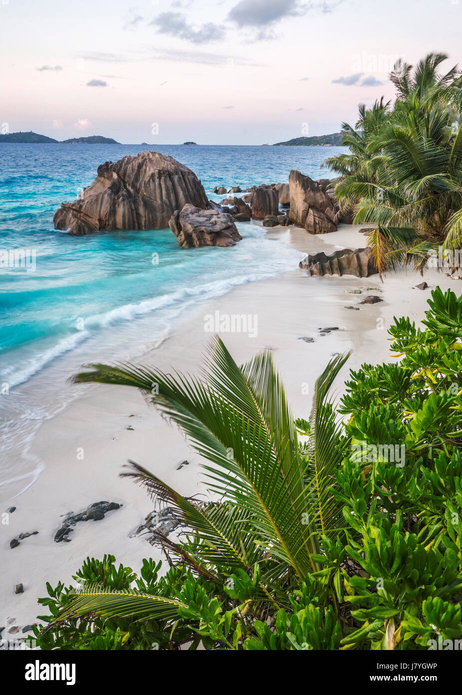 Beach and rock formation, La Digue, Indian Ocean, Seychelles Stock ...