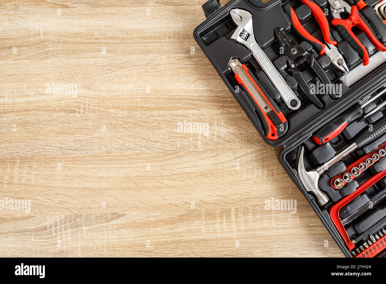 New square black tool box on wooden texture background. Top view Stock ...