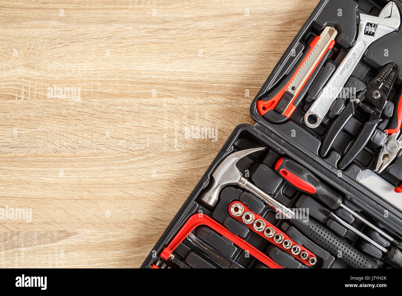 New square black tool box on wooden texture background. Top view Stock ...