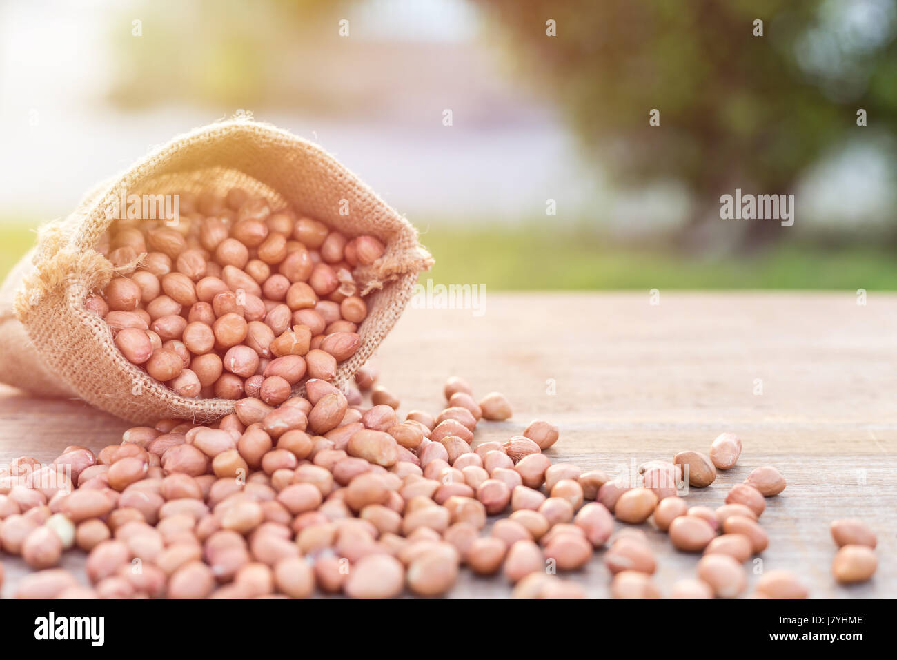 Close up peanut in small sack on wooden table. Outdoor shooting with ...