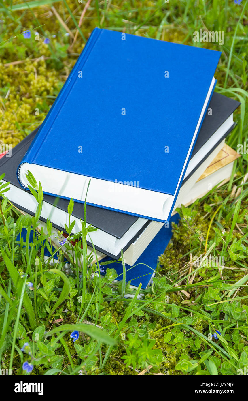 Pile of various books in the fresh green grass Stock Photo - Alamy