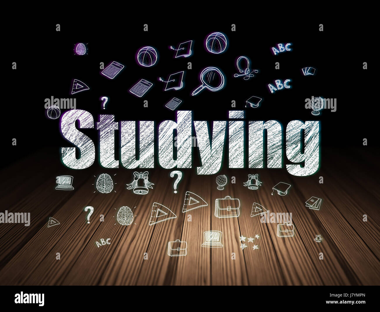 Learning concept: Studying in grunge dark room Stock Photo - Alamy