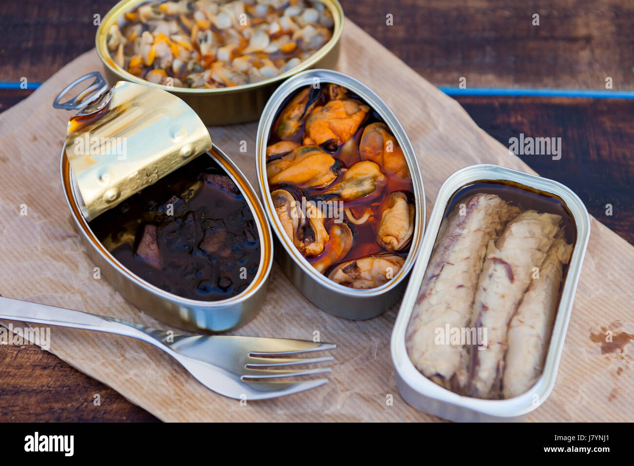 Different cans of canned. Healthy meal Stock Photo - Alamy