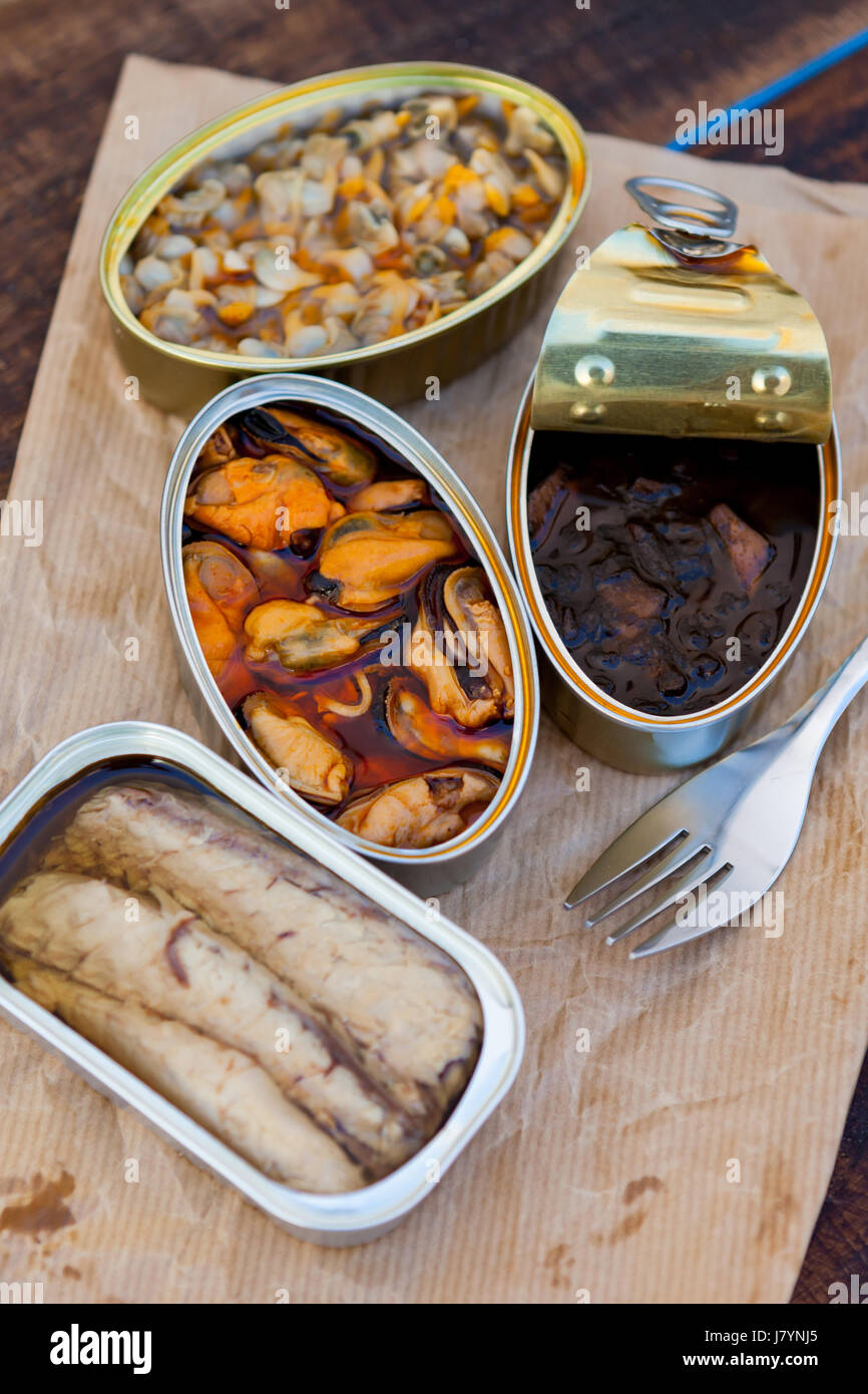 Different cans of canned. Healthy meal Stock Photo - Alamy