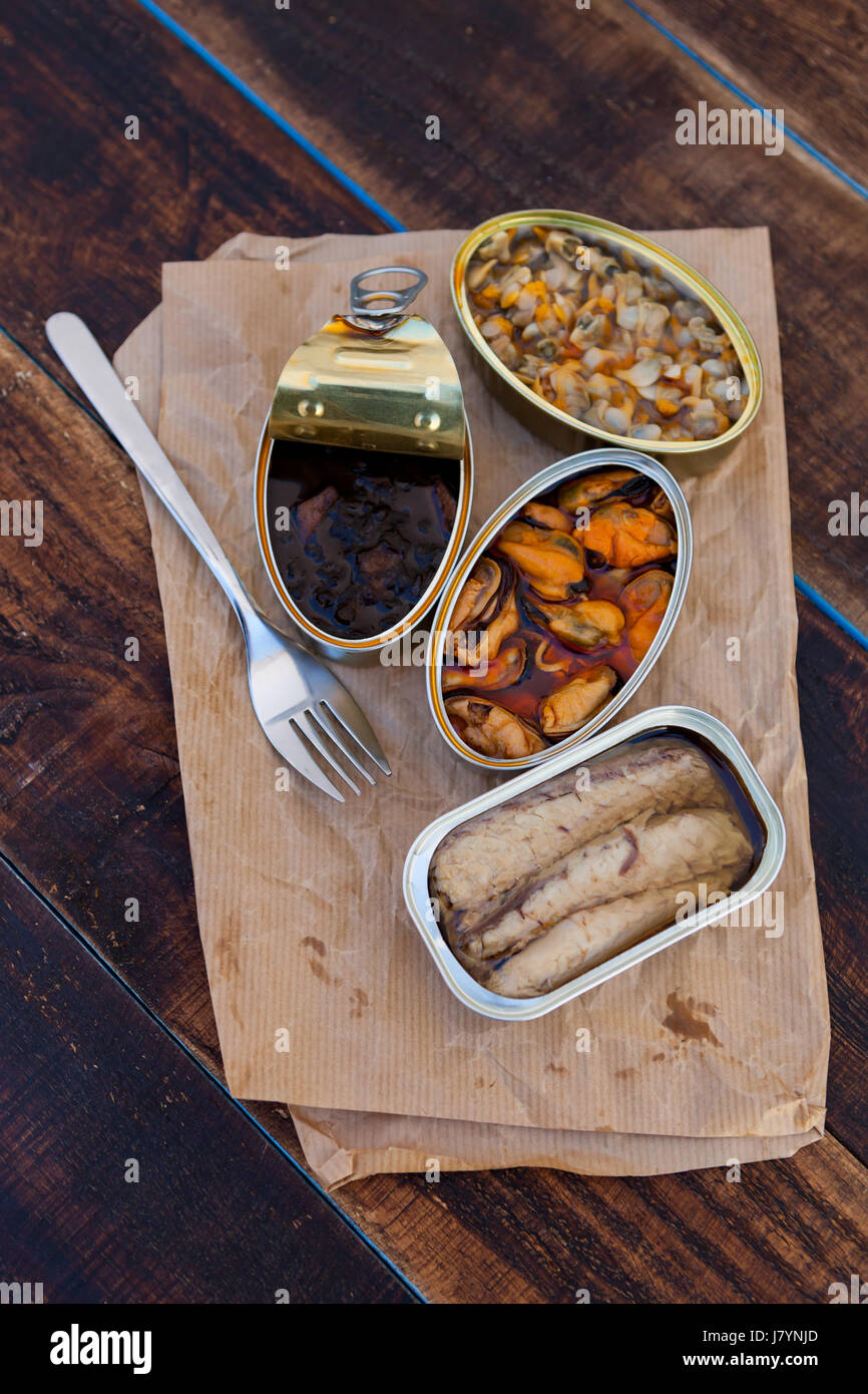 Different cans of canned. Healthy meal Stock Photo - Alamy