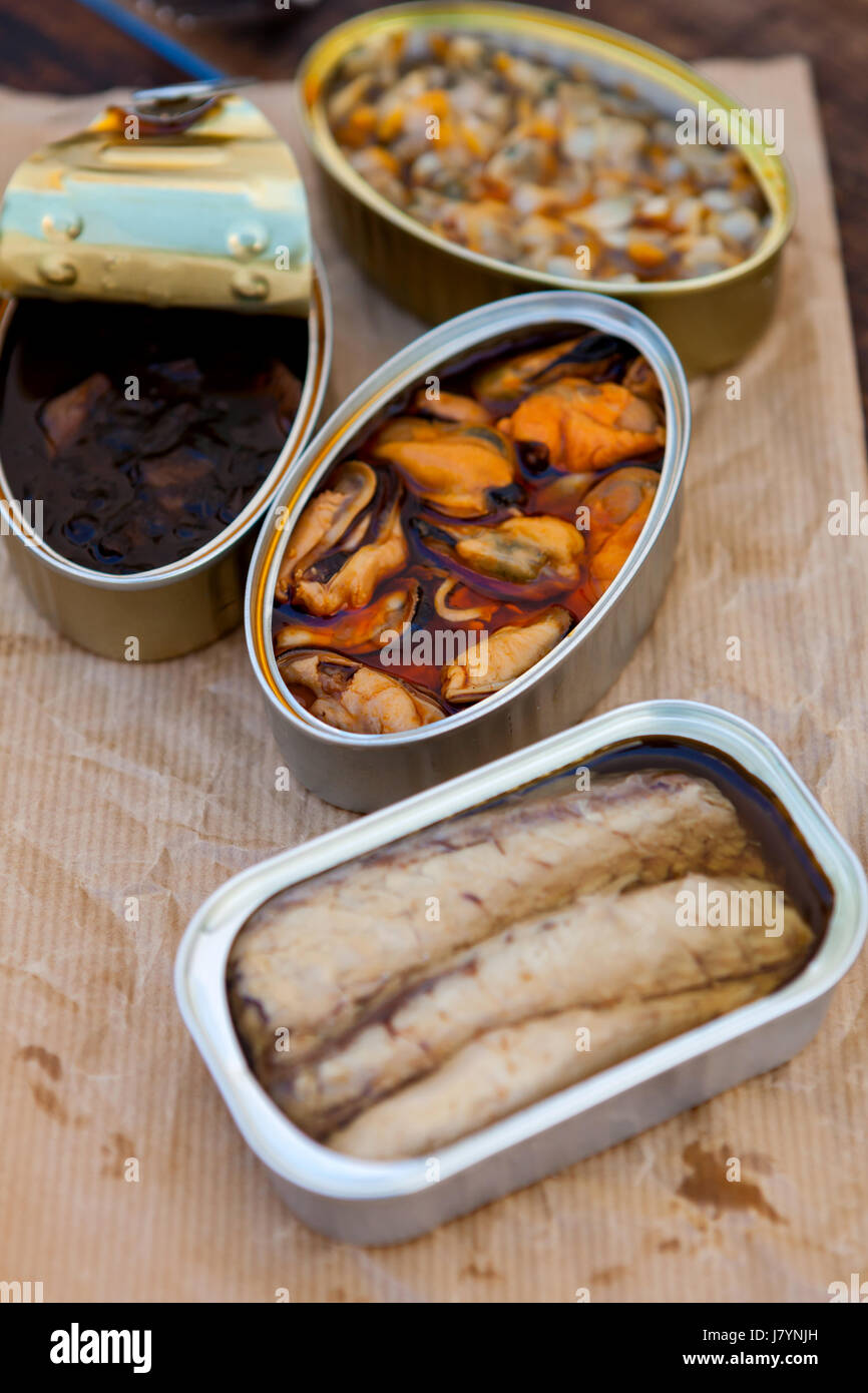 Different cans of canned. Healthy meal Stock Photo - Alamy