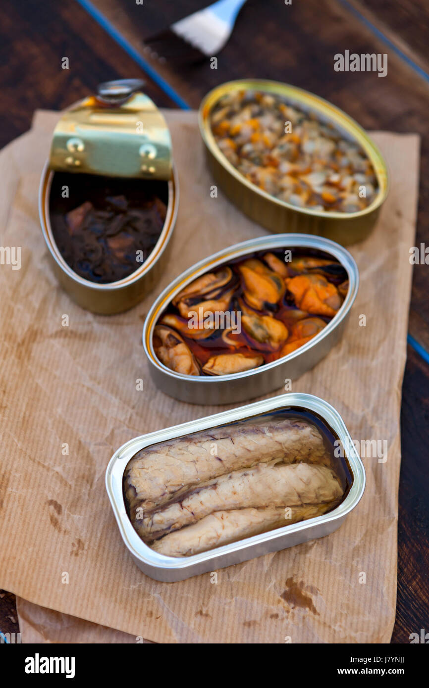 Different cans of canned. Healthy meal Stock Photo - Alamy