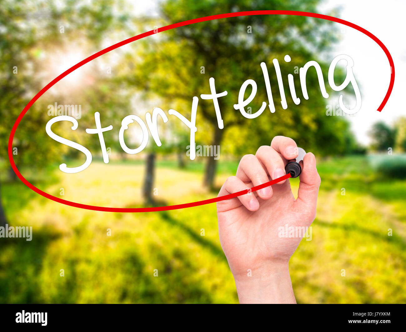 Man Hand writing Storytelling with black marker on visual screen ...