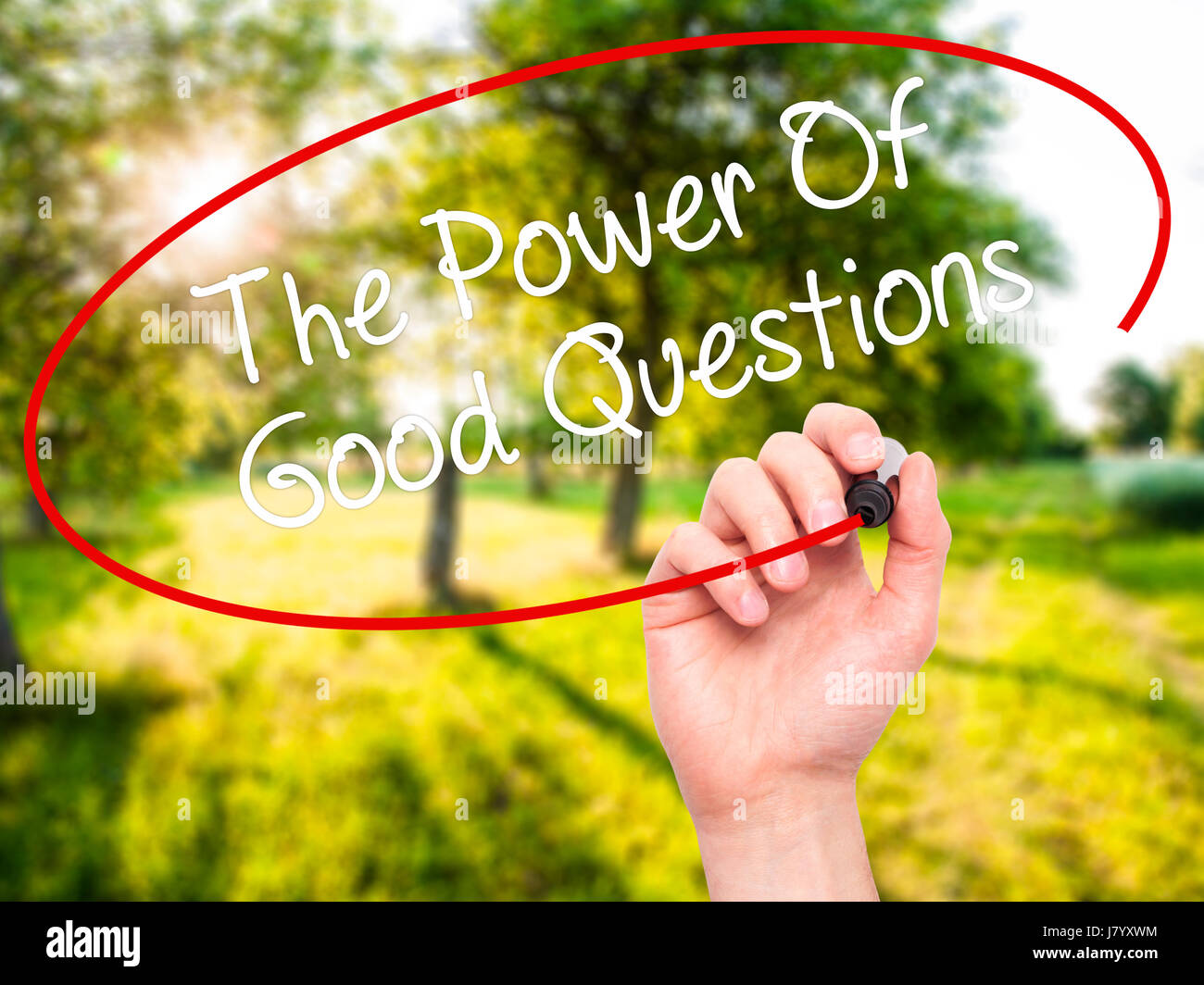 Man Hand writing The Power Of Good Questions with black marker on ...