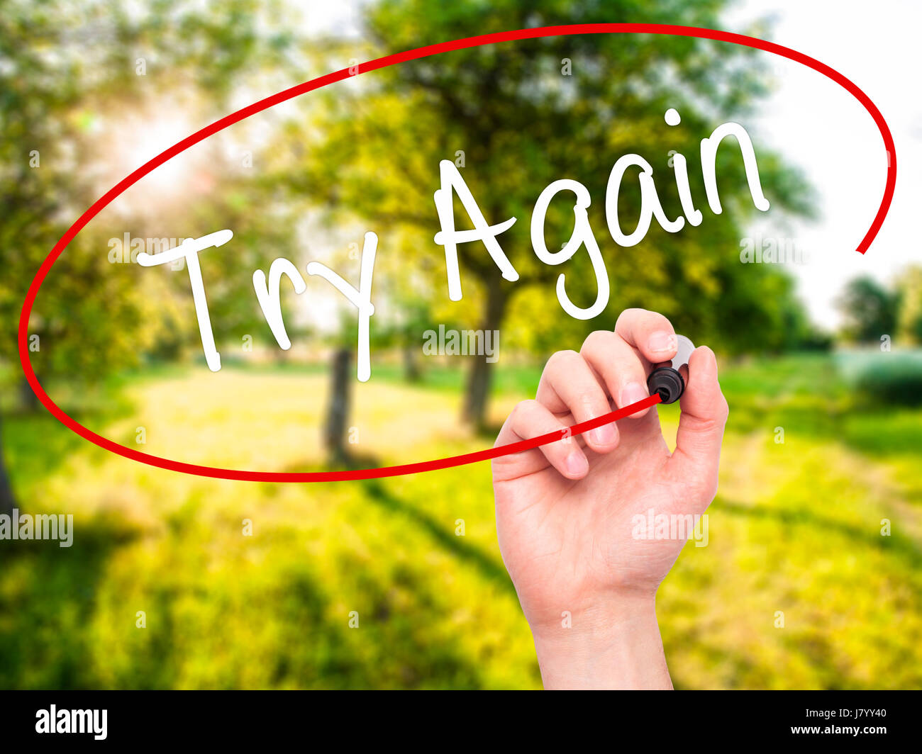 Man Hand writing Try Again with black marker on visual screen. Isolated ...