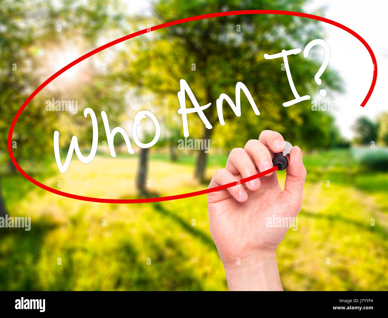 Man Hand writing Who Am I? with black marker on visual screen. Isolated ...