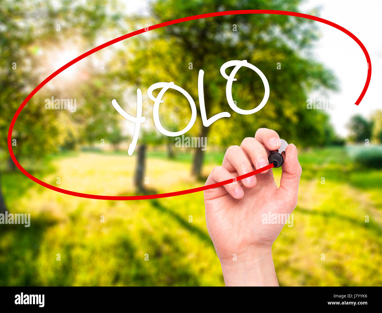 Man Hand writing YOLO (You Only Live Once) with black marker on visual ...