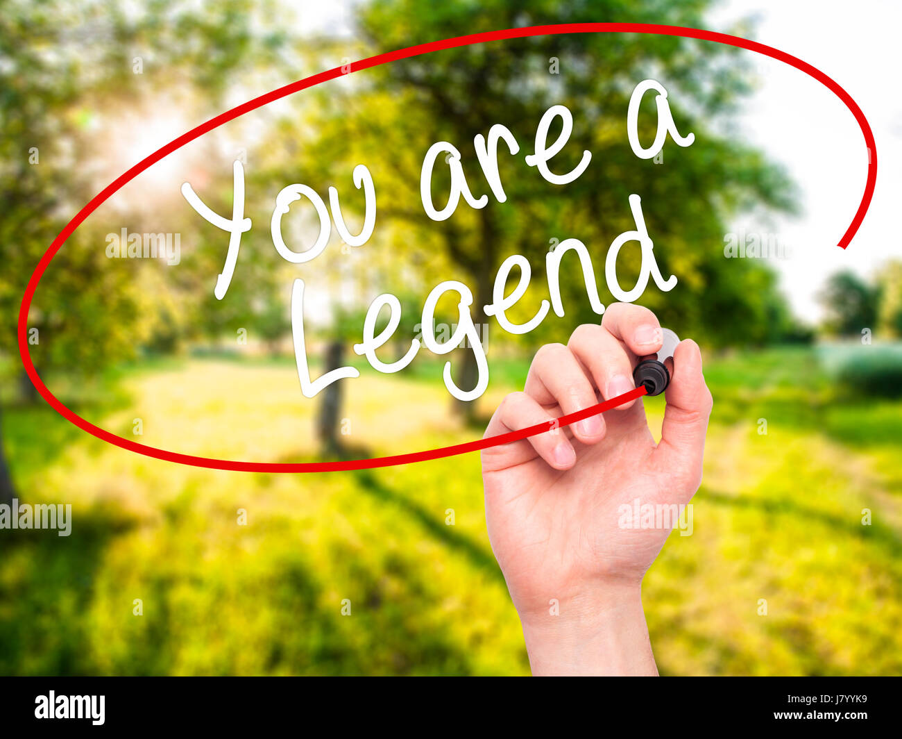 Man Hand writing You are a Legend with black marker on visual screen ...