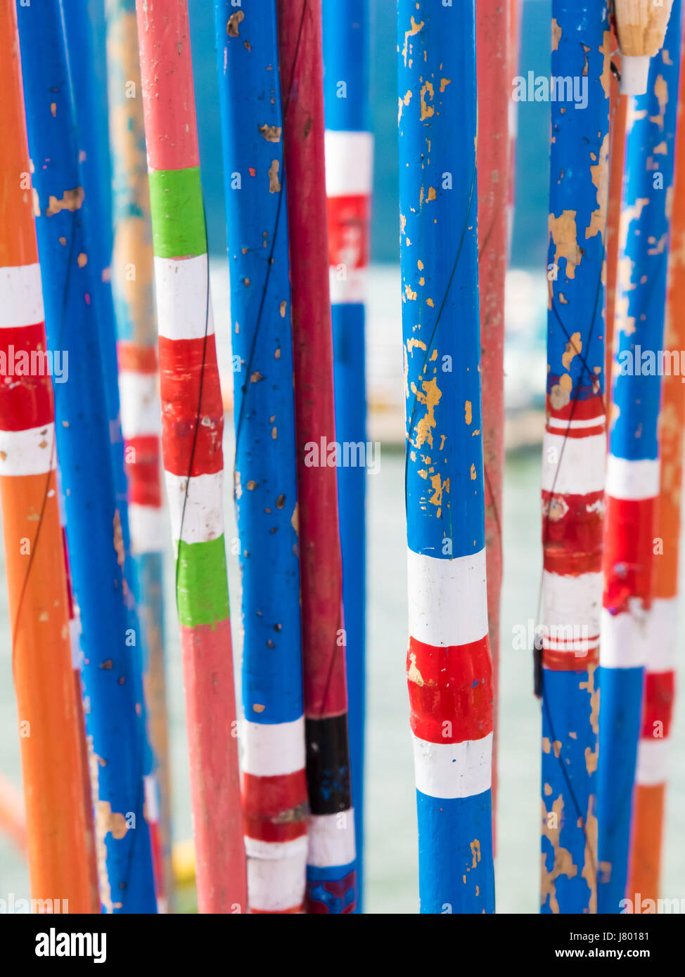 Close-up on bunch of colourful traditional bamboo fishing rods Stock ...