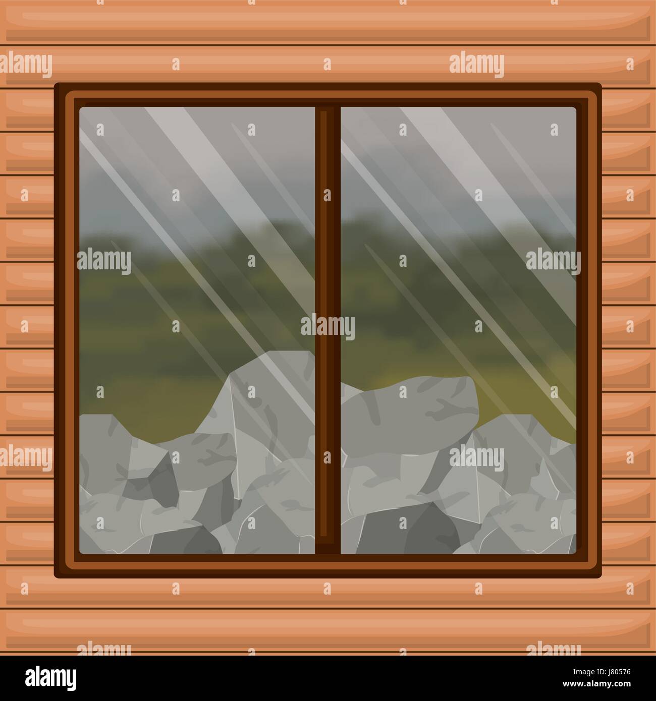 colorful background interior wooden cabin with forest and rocks scenary ...