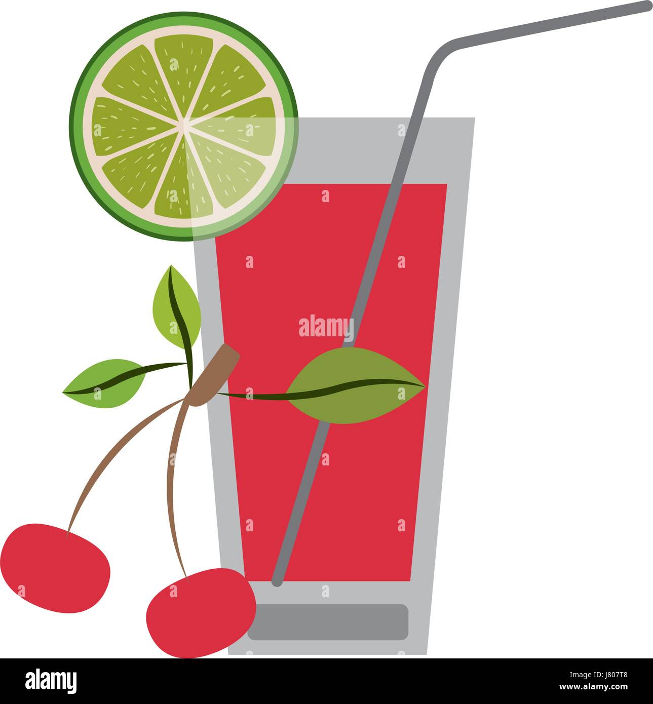 color silhouette of refreshing drink with lemon slice and cherries ...