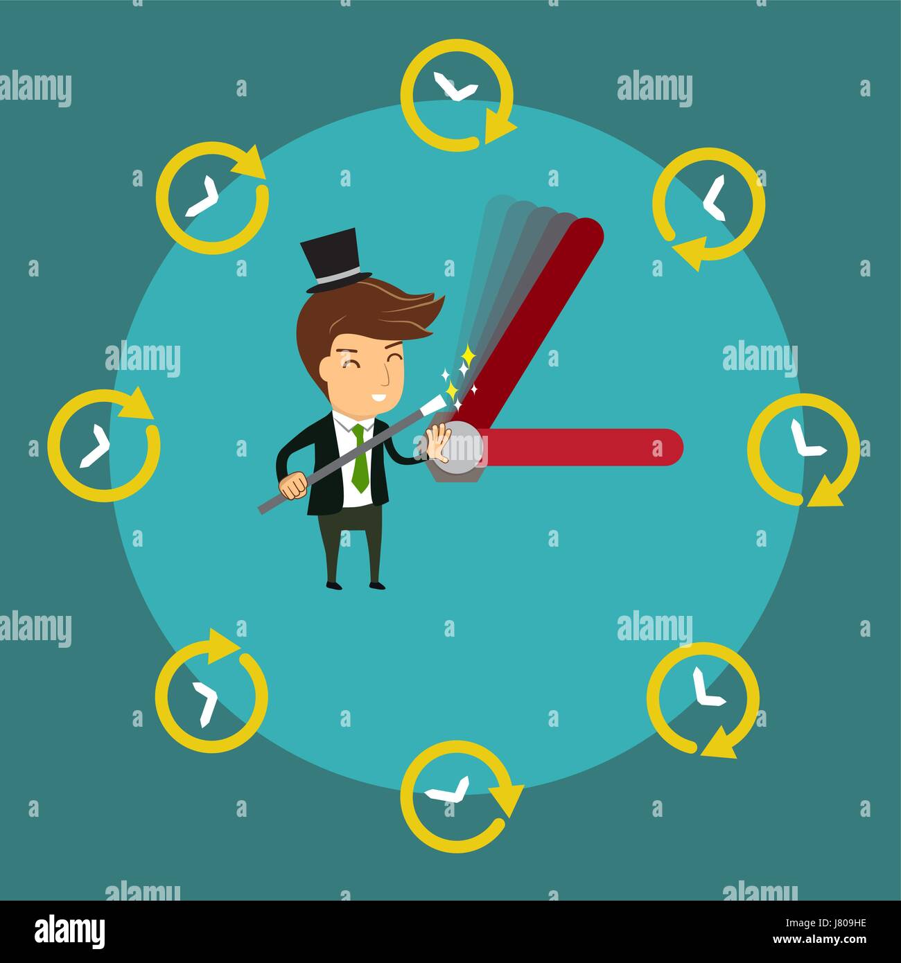 Smiling Businessman using magic wand to control clock's hands. Vector ...