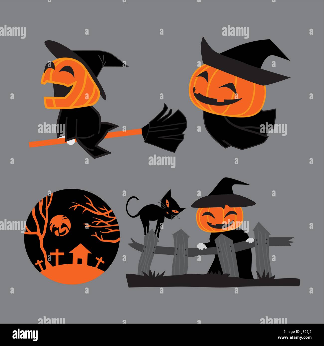 set of Pumpkin head witch character on Halloween Stock Vector Image ...