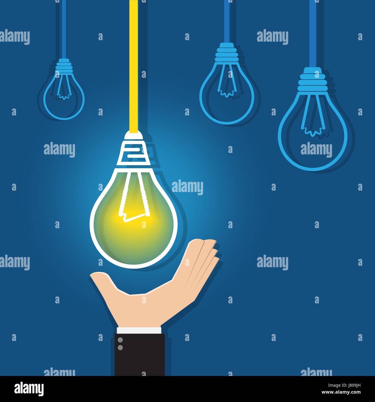 Hand reaching for a glowing unique light bulb, vector for business ...