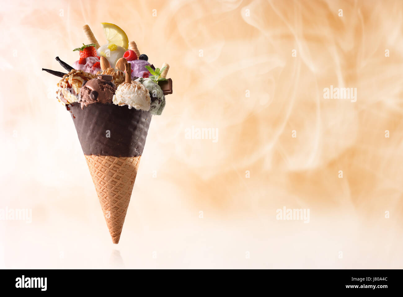 Assortment of natural fruit ice cream with steam background. Elevated ...