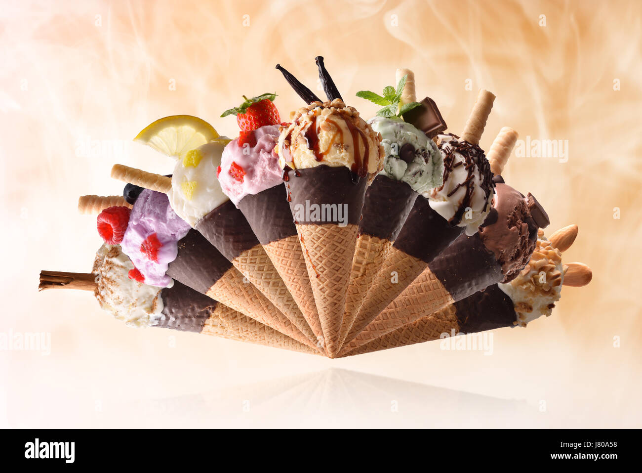 Assortment of natural fruit ice cream with steam background. Elevated ...