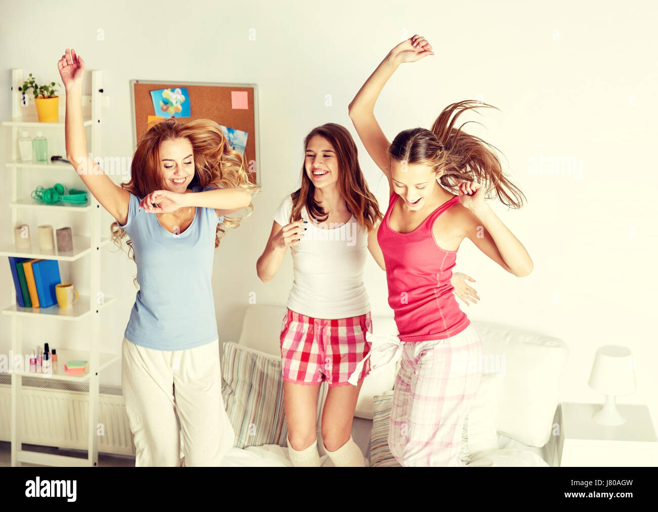 happy friends or teen girls having fun at home Stock Photo - Alamy