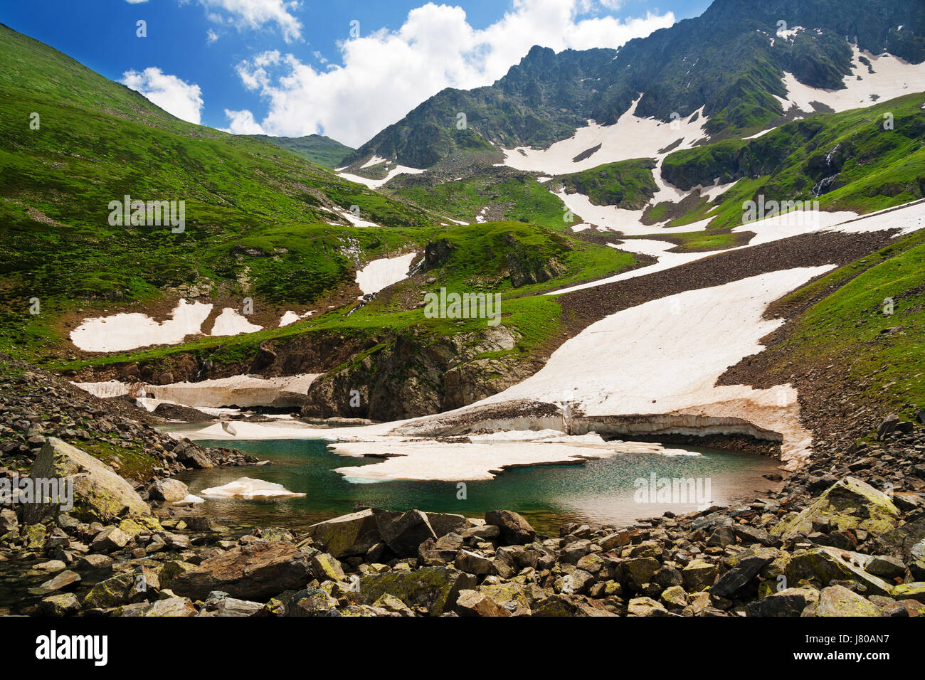Mountain Lake in the highlands of the Caucasus. The water displays ...