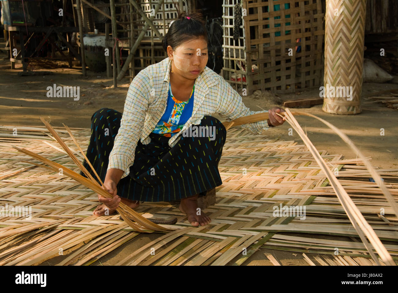 ASIA, MYANMAR (BURMA), Ayeyarwady Division, Maubin City, woman platting ...