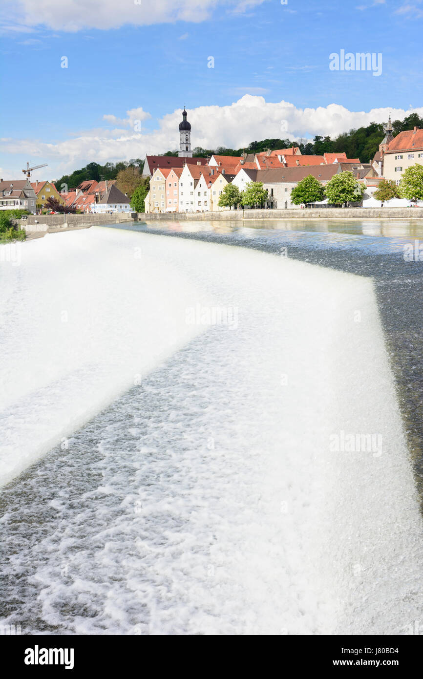 Lechwehr (Lech weir) at river Lech, historic centre, Landsberg am Lech ...
