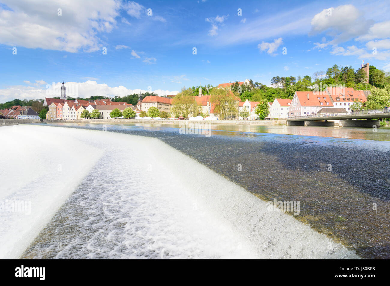 Lechwehr (Lech weir) at river Lech, historic centre, Landsberg am Lech ...