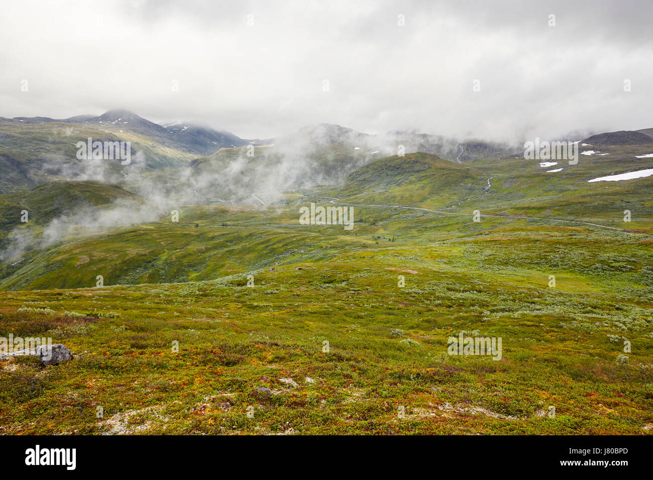 Norwegian green mountain landscape with secondary road. Norway ...