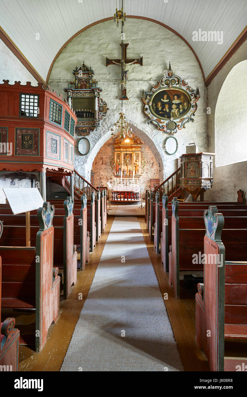 Traditional antique norwegian interior stone church. Luster. Travel ...