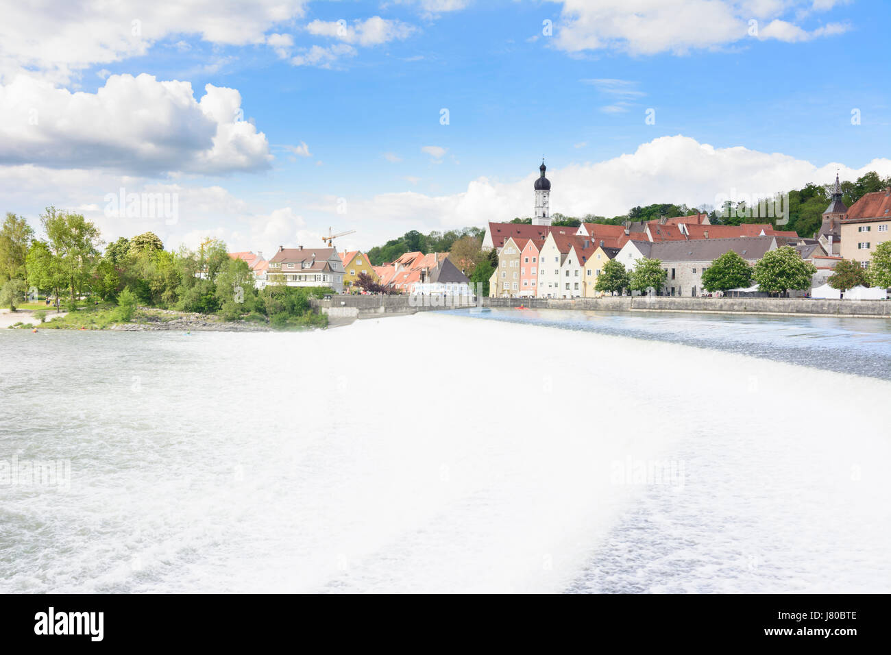 Lechwehr (Lech weir) at river Lech, historic centre, Landsberg am Lech ...