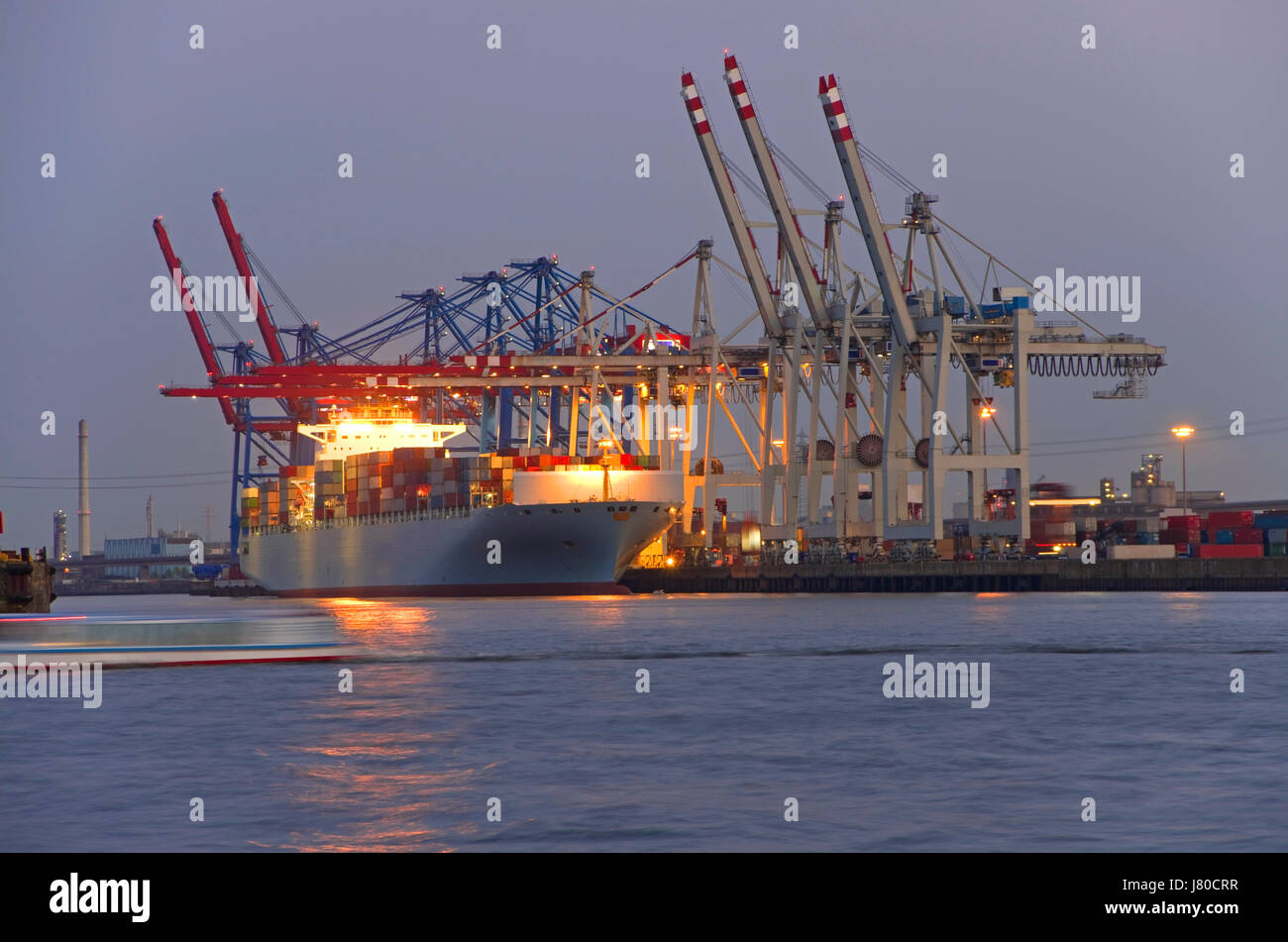 night nighttime lights container ship sunset dockyard harbor transport ...
