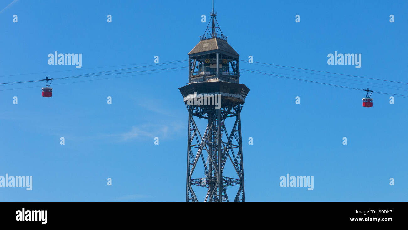 Car of the Aerial Tramway arriving at San Sebastian Tower, at the end ...