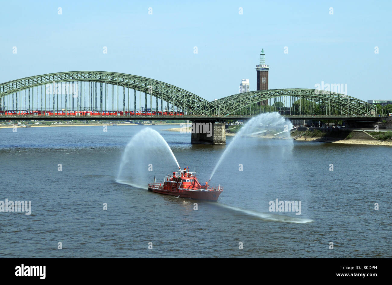 cologne rhine fire brigade fountain jet of water water tower europe ...