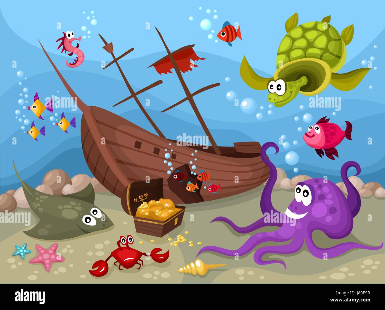 underwater illustration turtle octopus treasure pirate gold tortoise ...