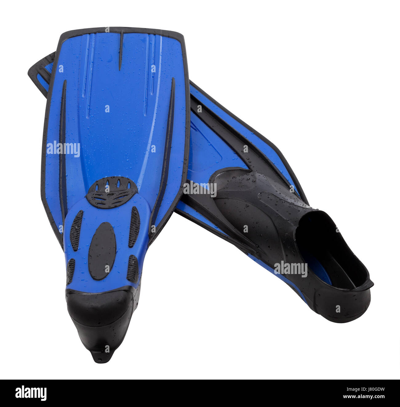 Pair flippers for diving with water drops. Isolated on white background ...