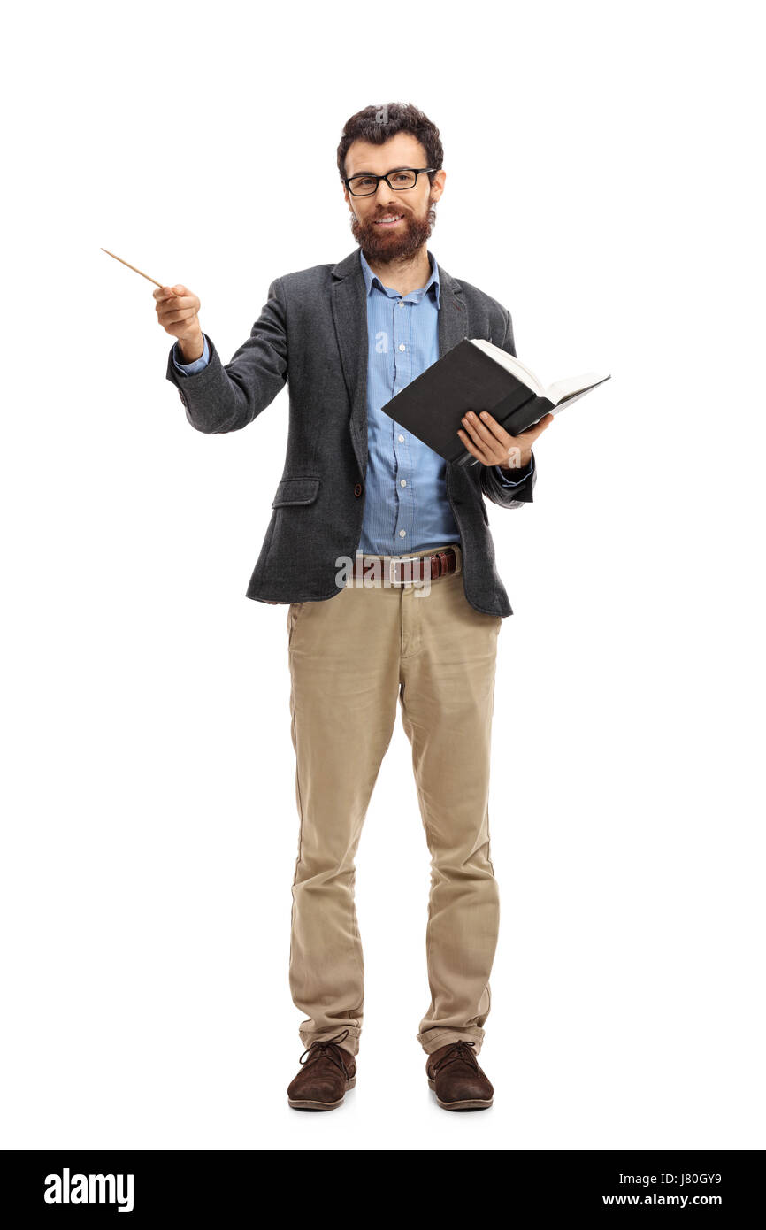 Full length portrait of a professor with a wooden stick and a book ...