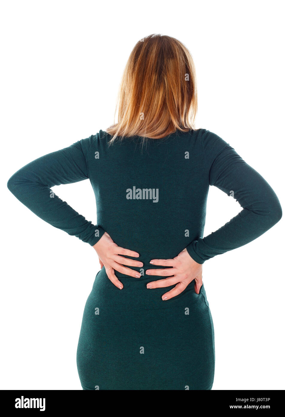 Picture of a young woman holding her waist on an isolated background ...