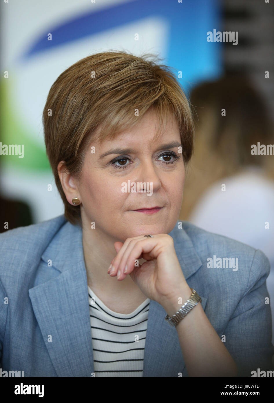SNP leader Nicola Sturgeon meets workers during an election campaign ...