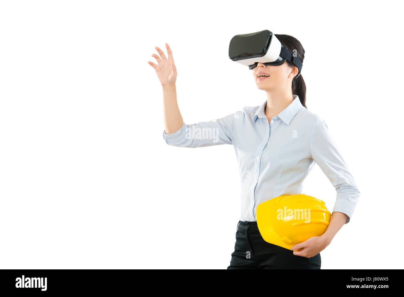 beautiful mixed race asian chinese model wearing VR device viewing full ...