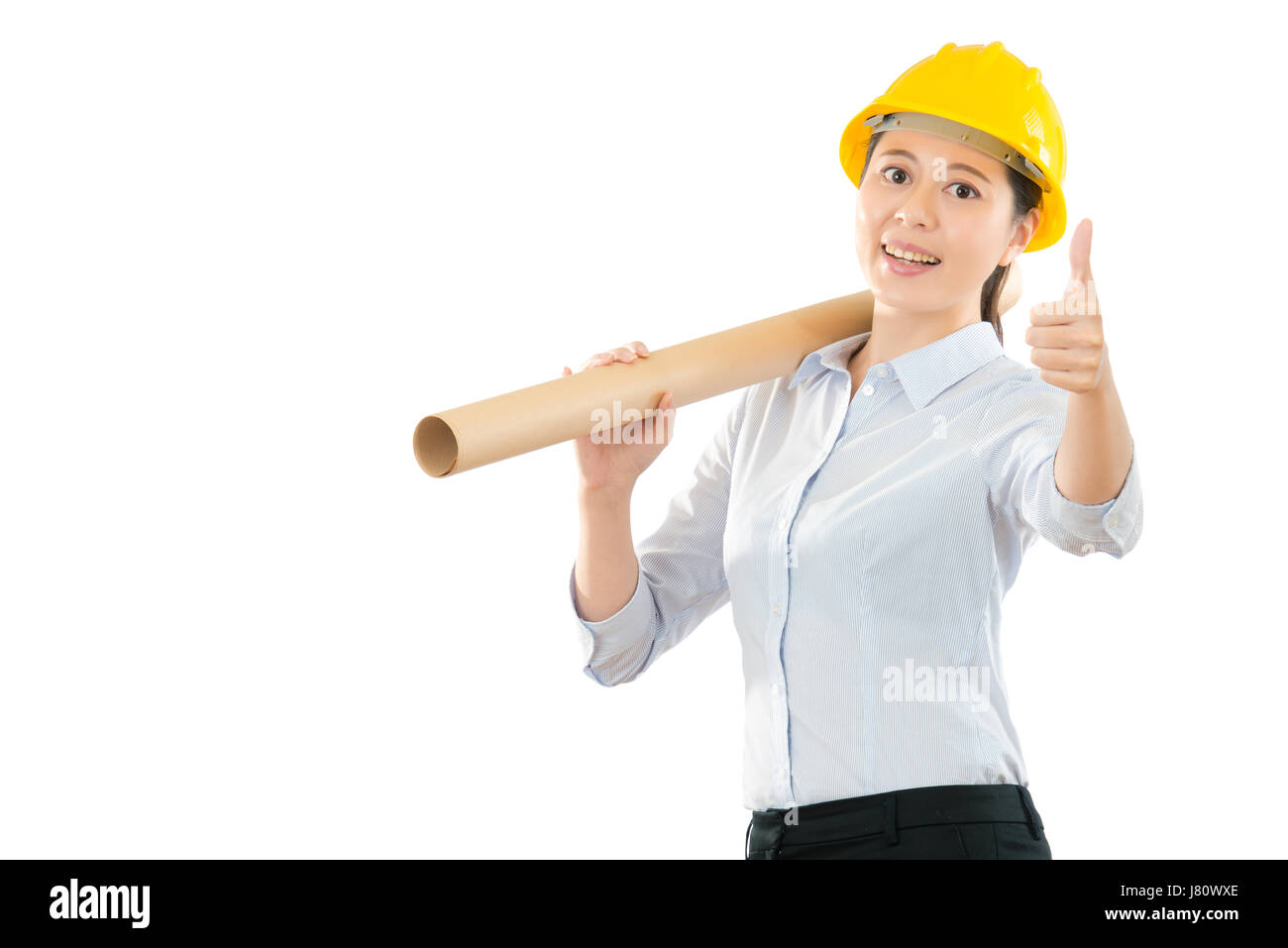 engineering designer holding new draft image on the shoulder and ...
