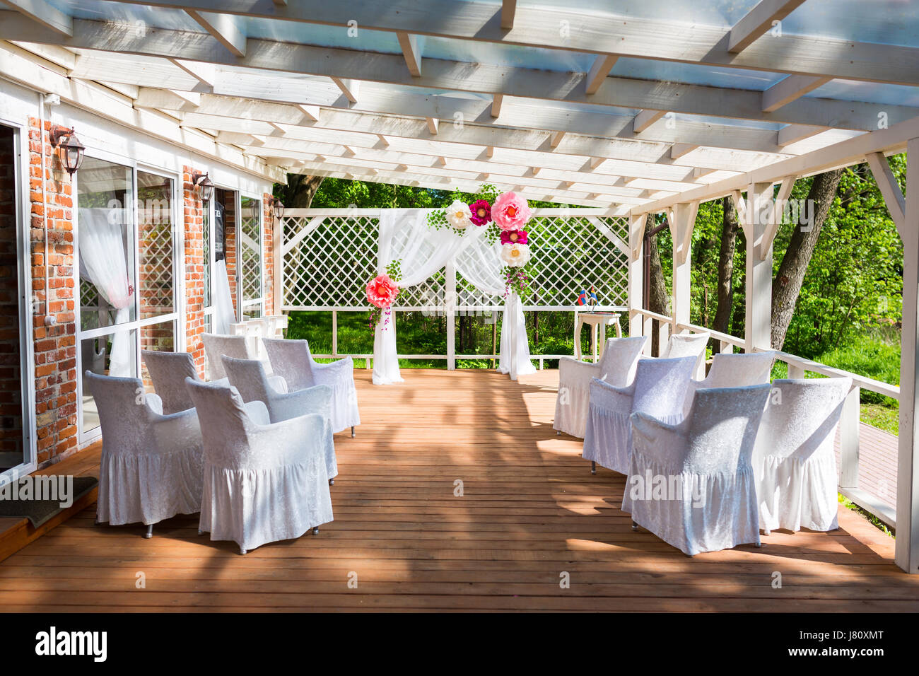 Kaliningrad, Russia - May 19 2017: Decorated wedding hall in the guest ...