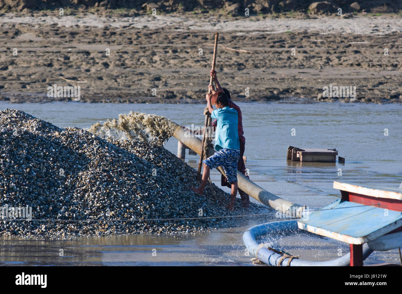 ASIA, MYANMAR (BURMA), Magway Region, Irrawaddy River, boat dredging ...