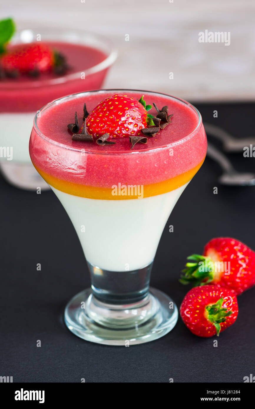 Strawberry and mango panna cotta - traditional Italian dessert Stock ...