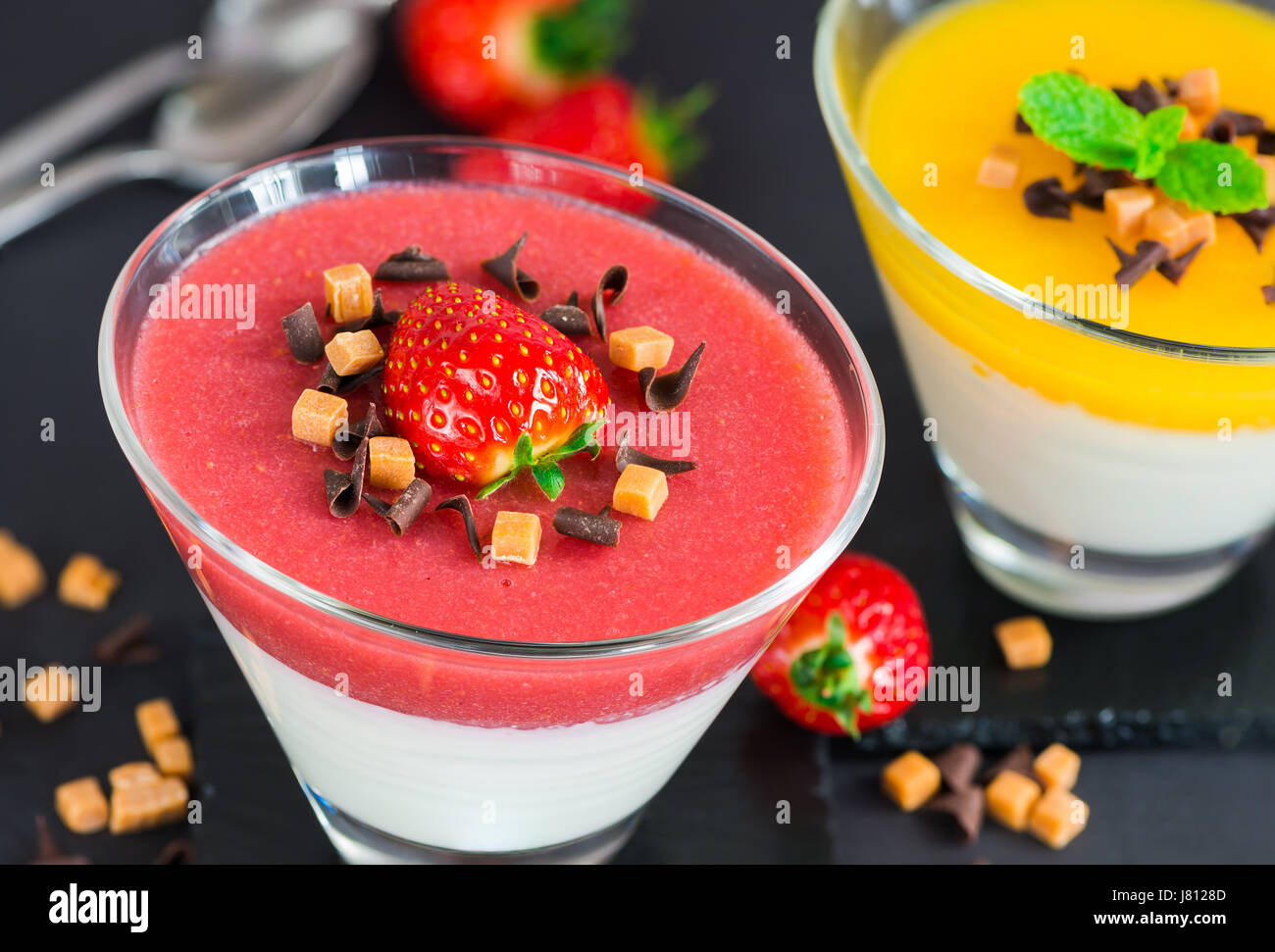 Strawberry and mango panna cotta - traditional Italian dessert Stock ...