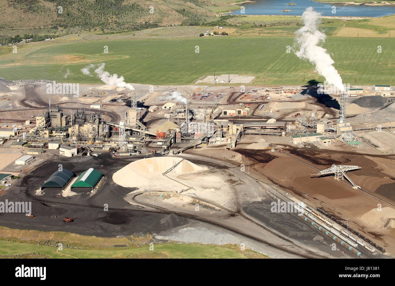An aerial view of a phosphate processing facility where agricultural ...