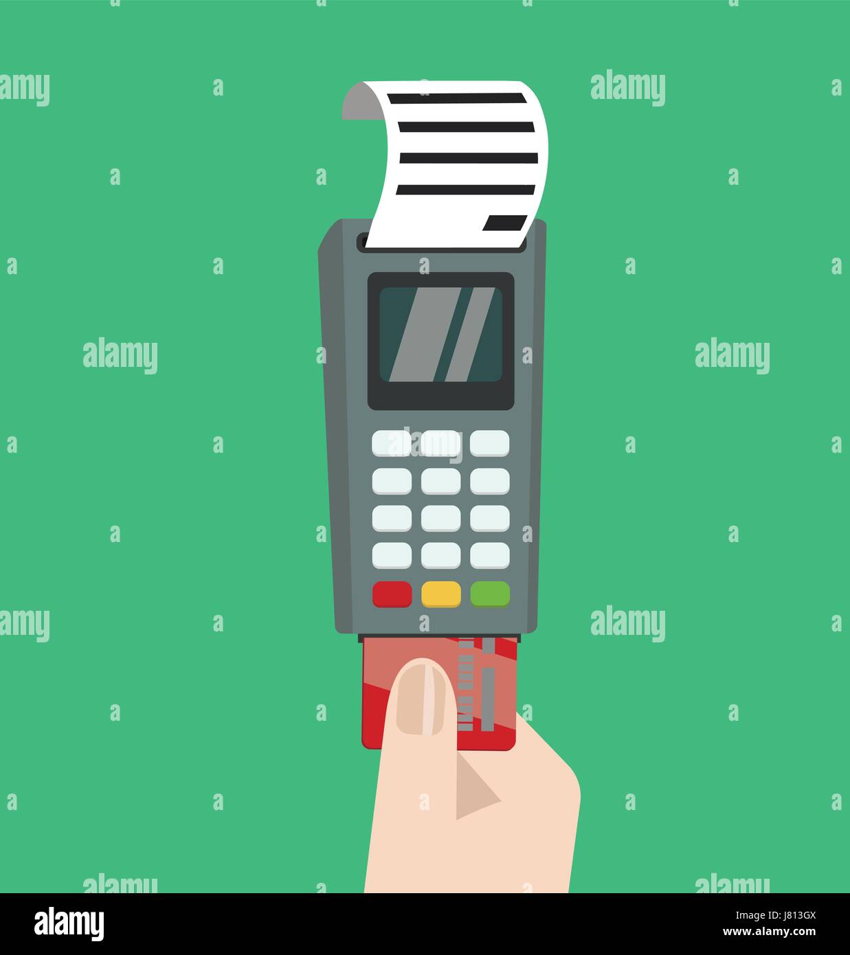 Hand pushing credit or debit card into the pos terminal with printed ...