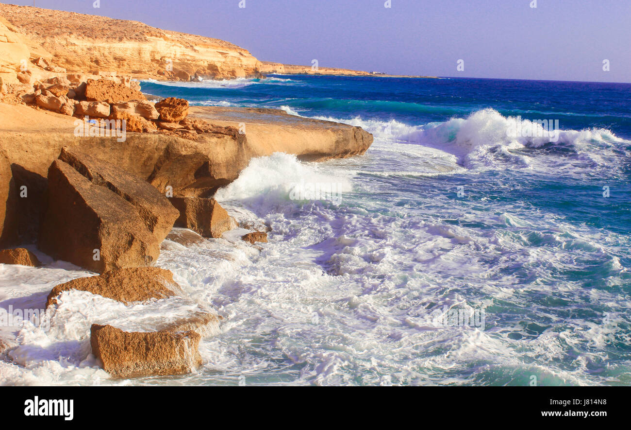 Seashore Waves and Mountain under the Sunshine in Matrouh, Egypt / View ...